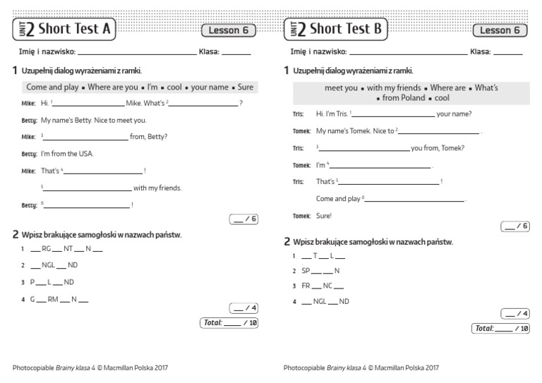 Brainy 4 Short Tests Unit 2 Lesson 6 | PDF