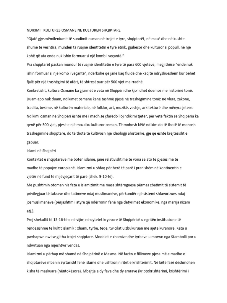 Ndikimi I Kultures Osmane Ne Kulturen Shqiptare | PDF