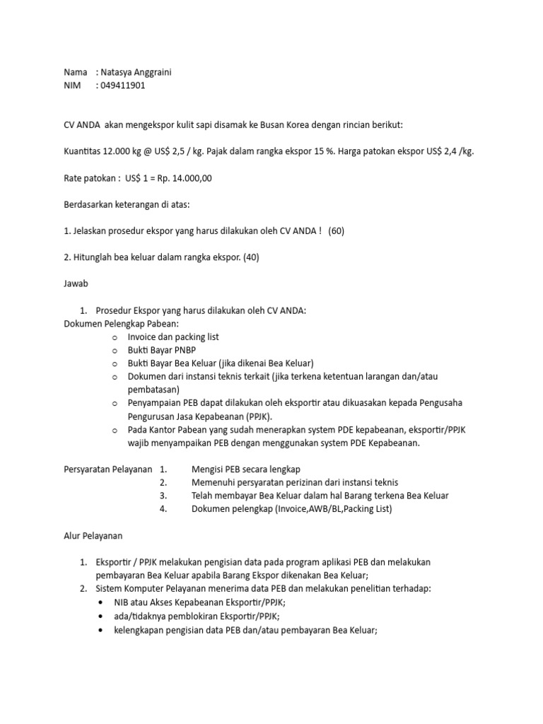 Tugas 2 Kepabeanan Dan Cukai Natasya Anggraini 049411901 | PDF | Bisnis