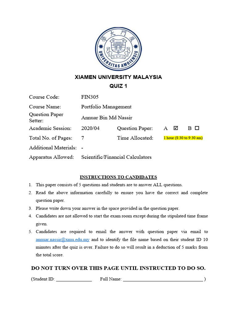 Quiz 1 | PDF | Modern Portfolio Theory | Private Sector