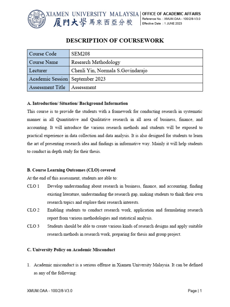 2.4-Description of Coursework Sep 2023 | PDF | Academic Dishonesty ...