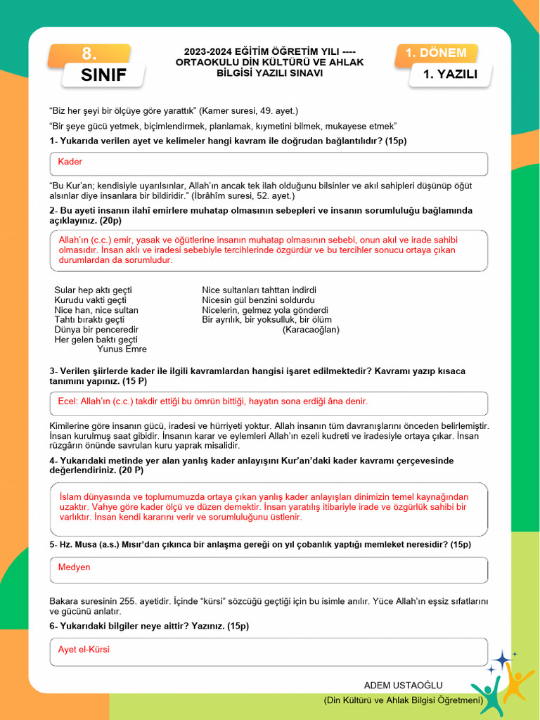 Din Kulturu Ve Ahlak Bilgisi 8. Sinif 1. Donem 1. Yazili 6 Soruluk Cevap Anahtari | PDF