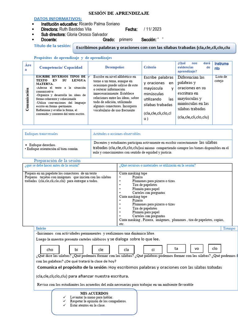 Escritura y Lectura de Sílabas Trabadas | PDF | Evaluación | Sílaba