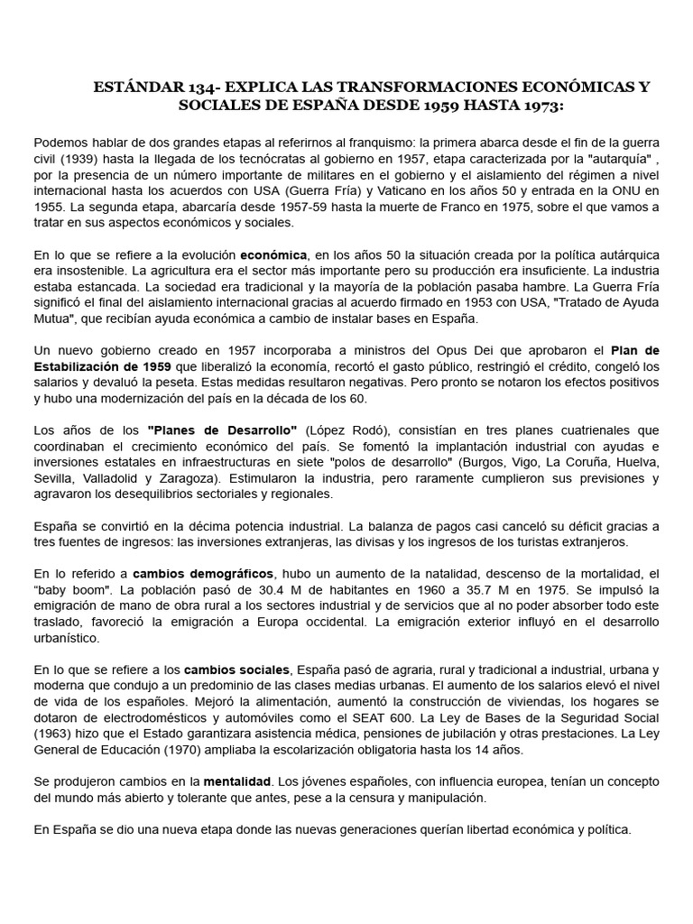 Estándar 134 - Explica Las Transformaciones Económicas y Sociales de España Desde 1959 Hasta ...