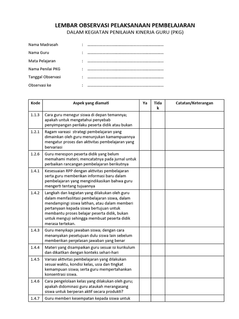 Lembar Observasi Kelas PKG | PDF | Karier & Perkembangan