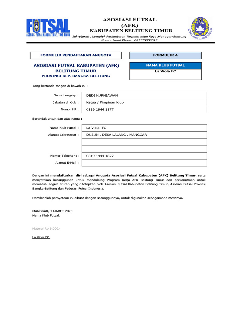 Formulir - Pendaftaran - LAVIOLA FC | PDF
