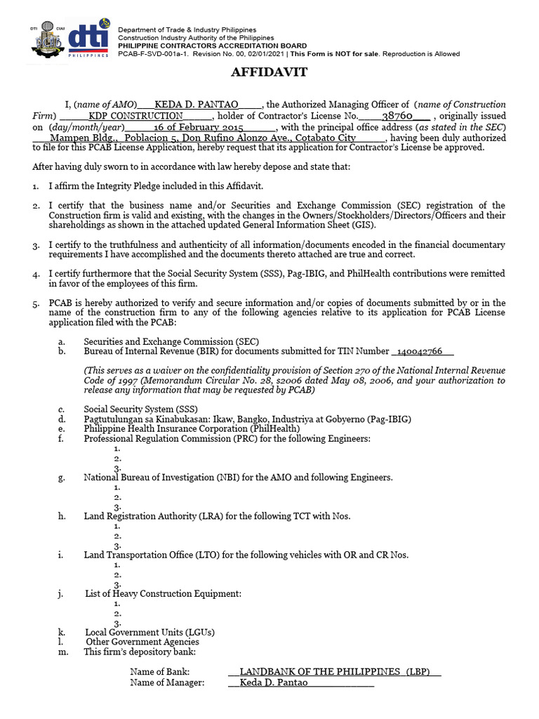 Contractors - AFFIDAVIT FOR Pcab Renewal 2022 | PDF | Government | Justice