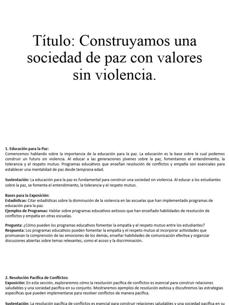 Construyamos Una Sociedad De Paz Con Valores Y Sin Violencia Pdf