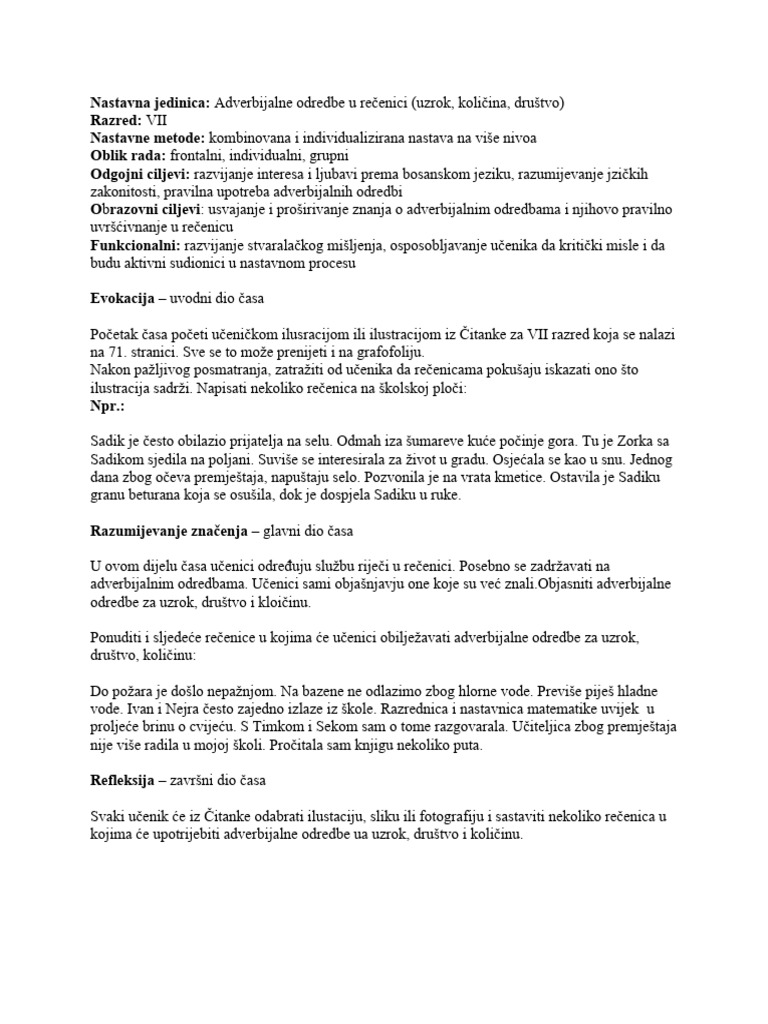 Nastavna Jedinica Adverbijalne Oznake | PDF Nastavna Jedinica Adverbijalne Oznake | PDF