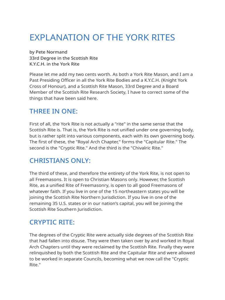 Explanation of The York Rites | PDF | Freemasonry | Knights Templar