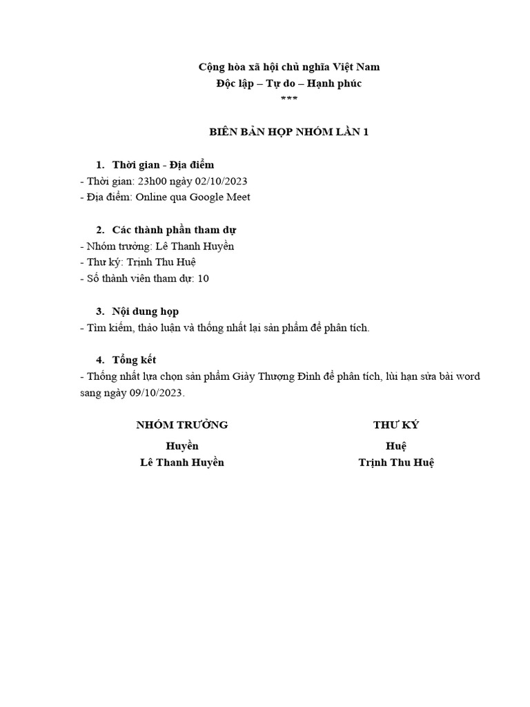 BIÊN BẢN HỌP NHÓM QTM1 | PDF