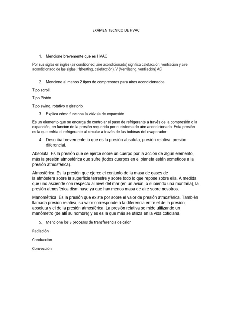 Exámen Tecnico de Hvac | PDF | Presión | Corriente eléctrica Exámen Tecnico de Hvac | PDF | Presión | Corriente eléctrica