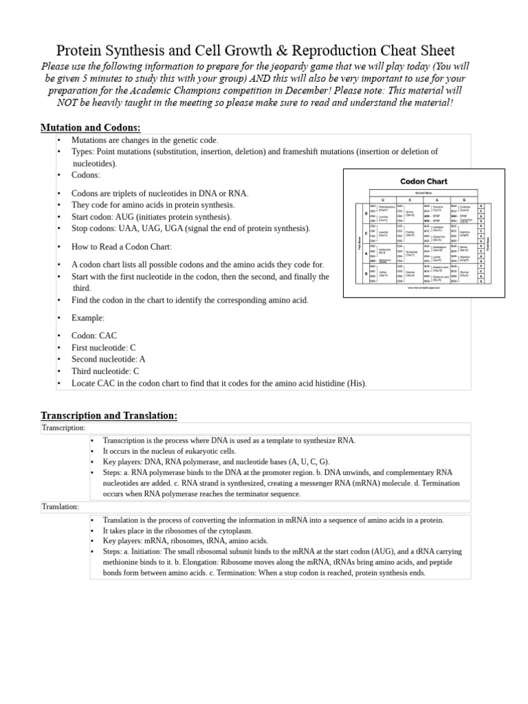 Cell Growth & Reproduction and Protein Synthesis Cheat Sheet | PDF ...
