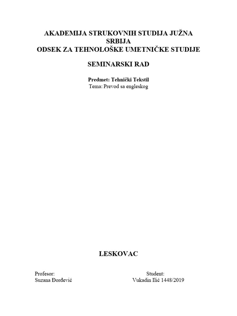 Seminarski Rad Tehnički Tekstil | PDF