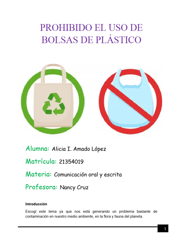 Prohibido El Uso de Bolsas de Plástico | PDF | Contaminación | Reciclaje