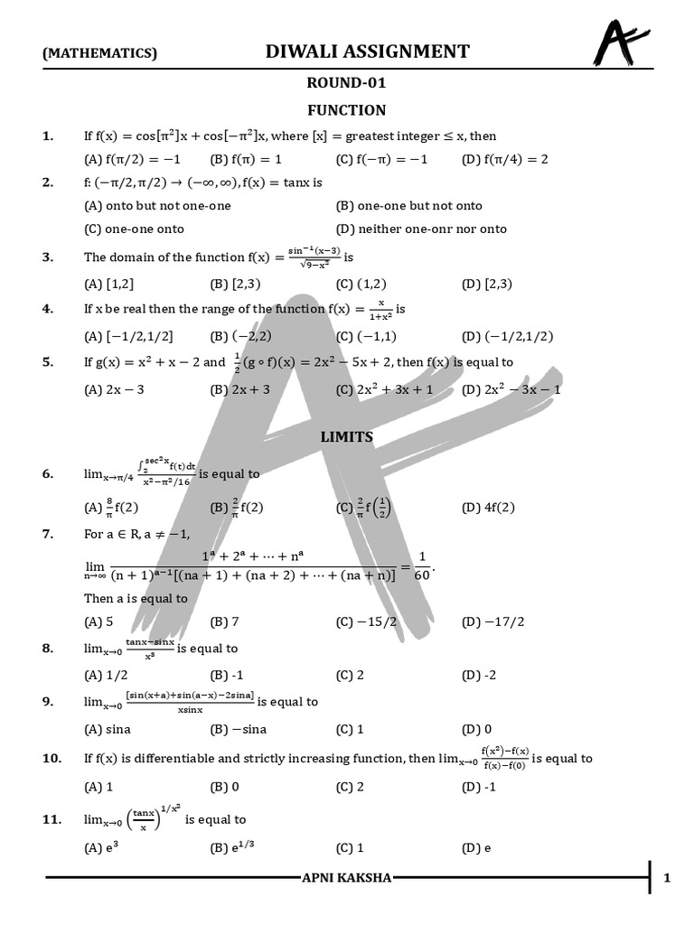 Diwali Mathematics Assignment Solutions | PDF | Area | Function ...