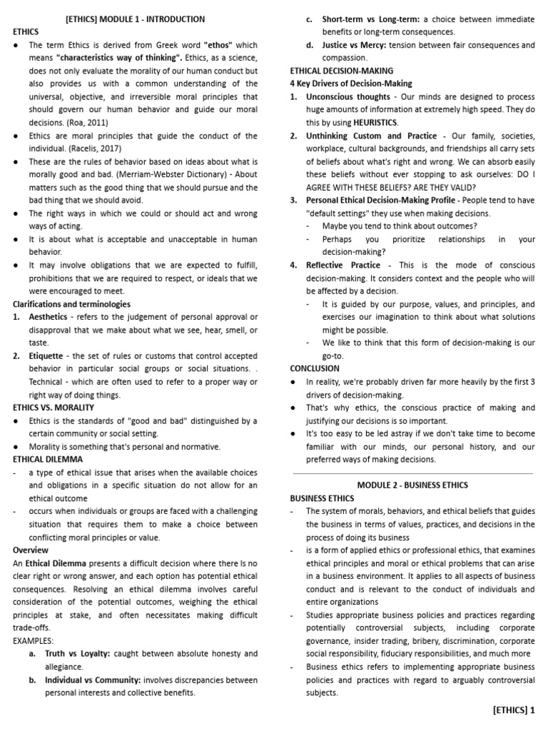 [NOTES] ETHICS | PDF | Corporate Social Responsibility | Business Ethics