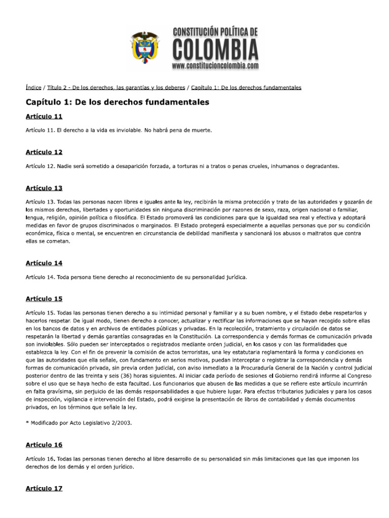 Constitución Política Derechos Fundamentales Pdf