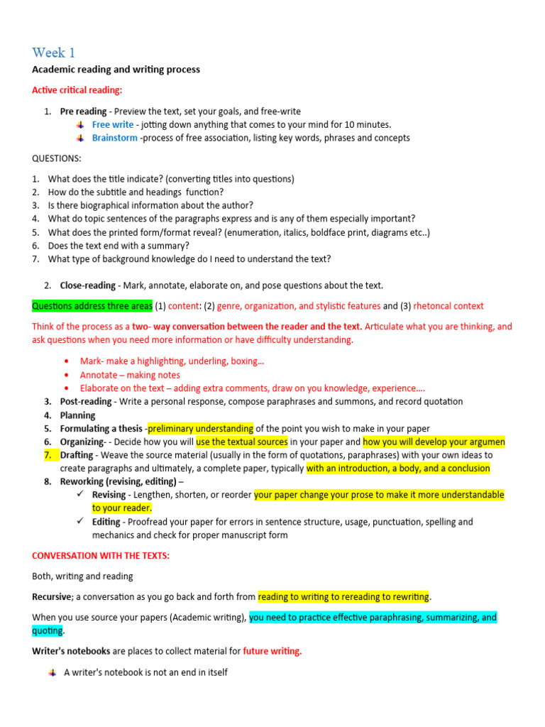 Week 1: Academic Reading and Writing Process | PDF | Proofreading | Writing