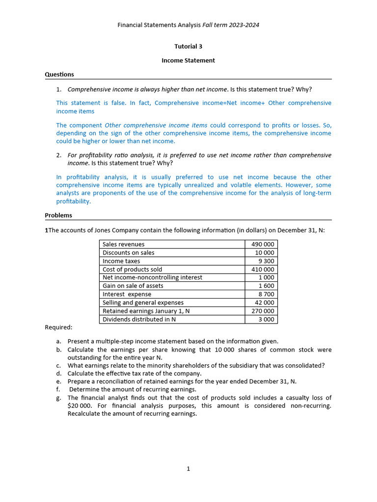 Fsa Tutorial 3 Fall 2023 With Solutions Pdf Dividend Income