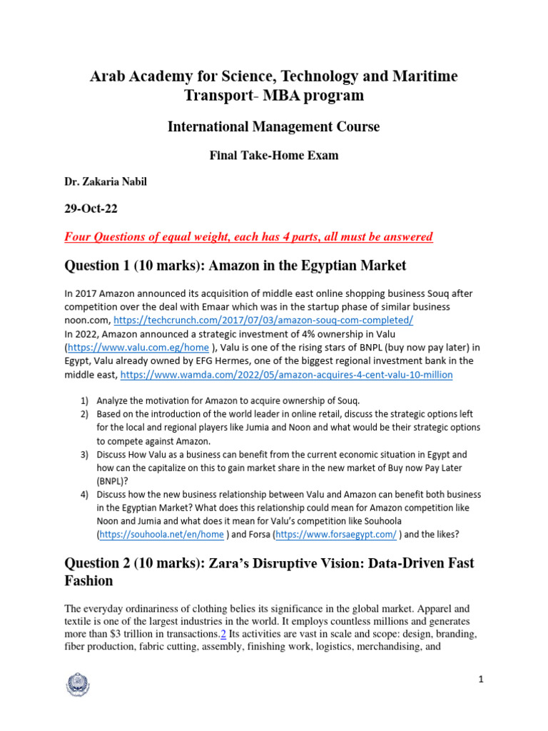 AAST-International Managment Final Exam 29-Oct-22 | PDF | Retail | Clothing