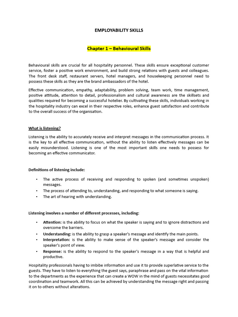 Notes Employability Skills CH 1 - Behavioural Skills | PDF ...