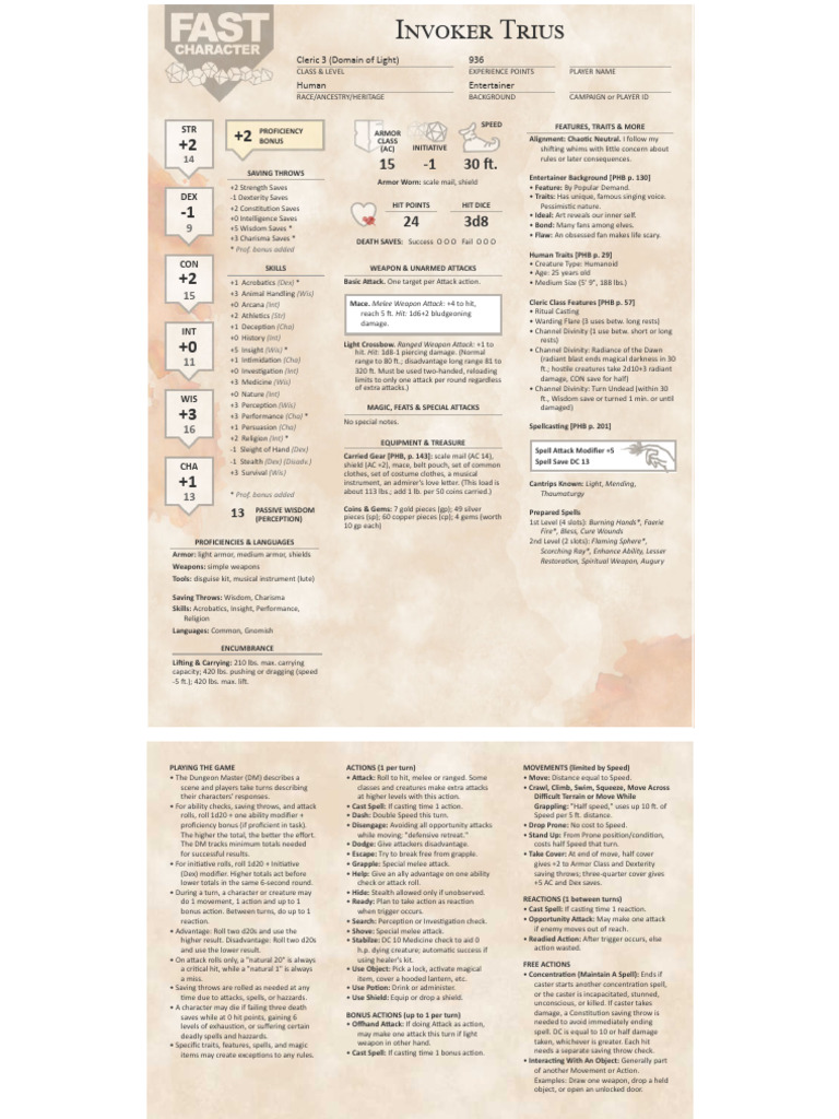 Fast Character - D&D Character Maker - Human Cleric 3 (Domain of Light ...