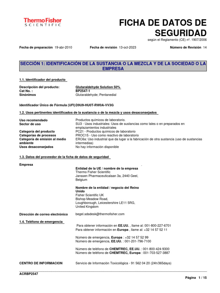 Hoja de Seguridad Glutaraldehido 2% | PDF | Residuos | Alergia