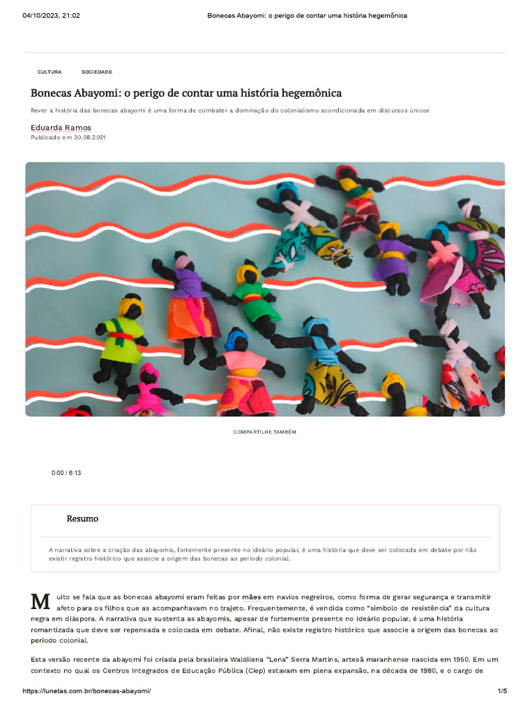 Bonecas Abayomi - o Perigo de Contar Uma História Hegemônica | PDF | Narrativa