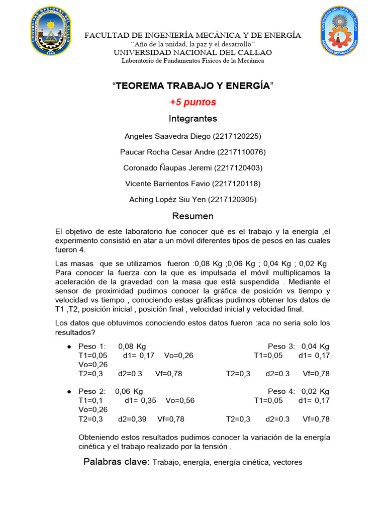 Informe de Laboratorio Teorema Trabajo y Energía | PDF | Fuerza | Energía cinética