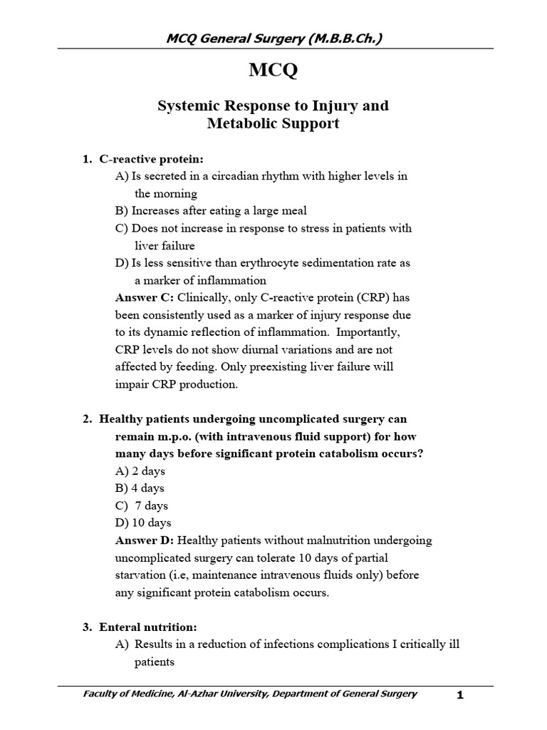 Systemic Response To Injury and Metabolic Support: MCQ General Surgery ...