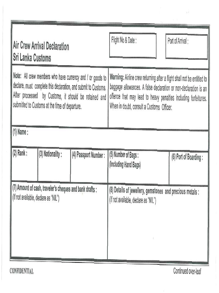 Form 41 Air Crew Arrival Declaration SL Customs | PDF