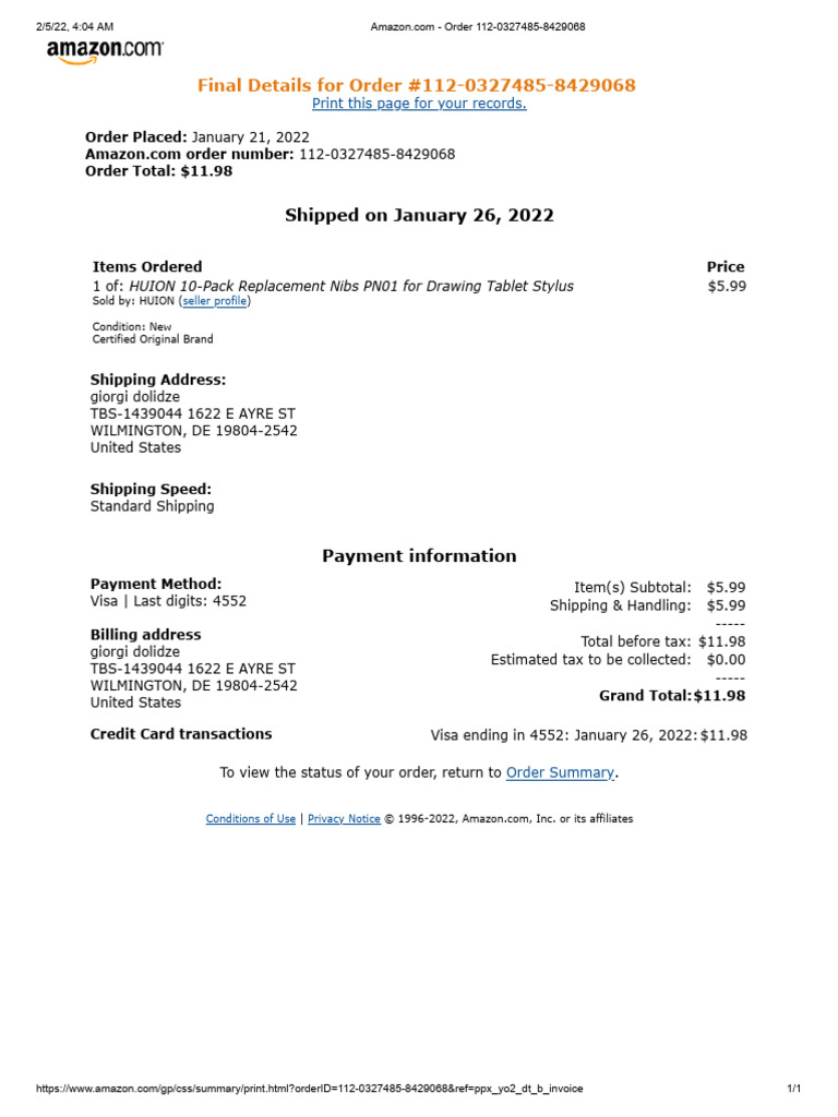 Order 112-0327485-8429068 | PDF | Visa Inc. | Payments