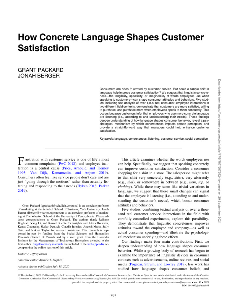 How Concrete Language Shapes Customer Satisfaction: Grant Packard Jonah ...