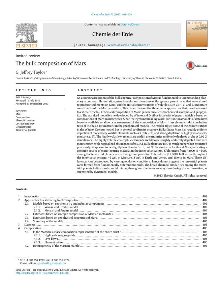The Bulk Composition of Mars | PDF | Geochemistry | Magma