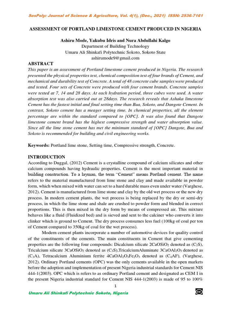 Assessment of Portland Limestone Cement Produced in Nigeria | PDF ...