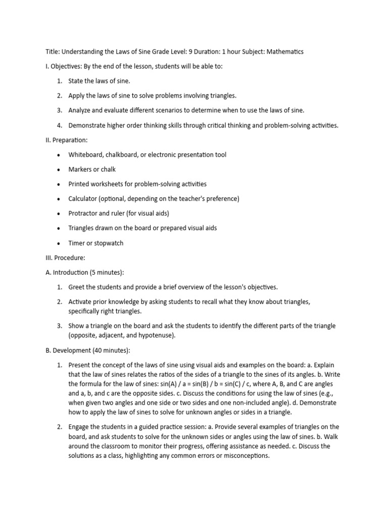 DLP in Law of Sine | PDF | Trigonometric Functions | Triangle
