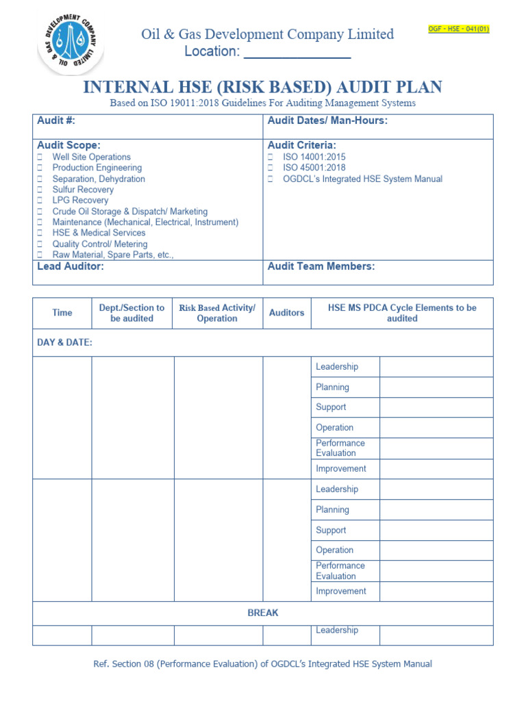Internal Hse Audit Plan (Ogf-Hse-041) - 0 | PDF | Audit | Business