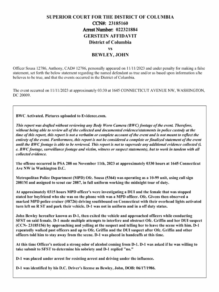DC Police Officer John Bewley Affidavit | PDF