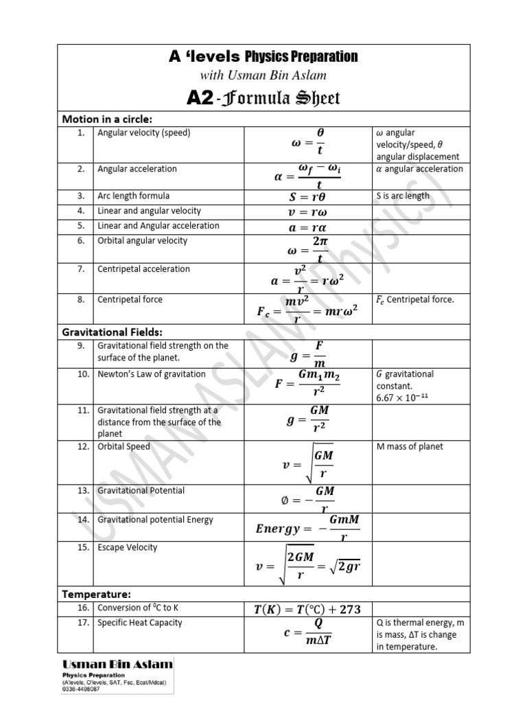 A2 Formula Sheet | PDF | Capacitance | Acceleration