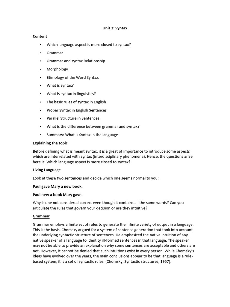 Unit 2 Syntax Pdf Syntax Morphology Linguistics