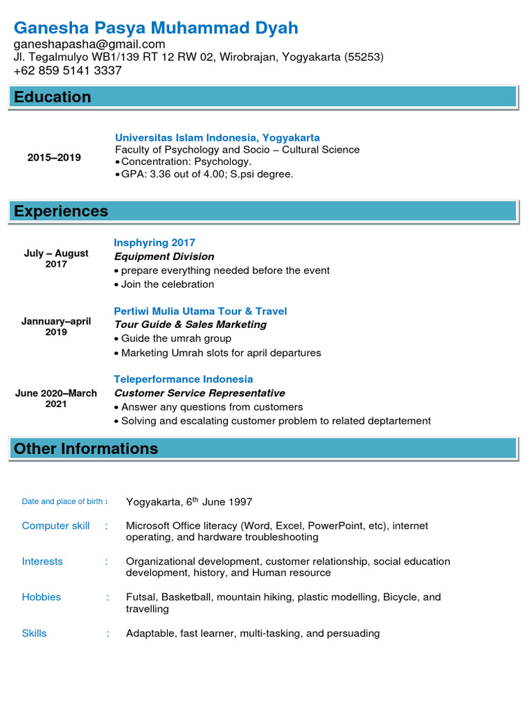 Ganesha Dyah's Resume: Psychology & Customer Service Skills | PDF | Wellness