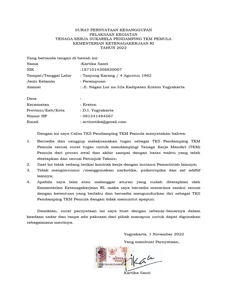 SURAT PERNYATAAN TKS 2022 | PDF