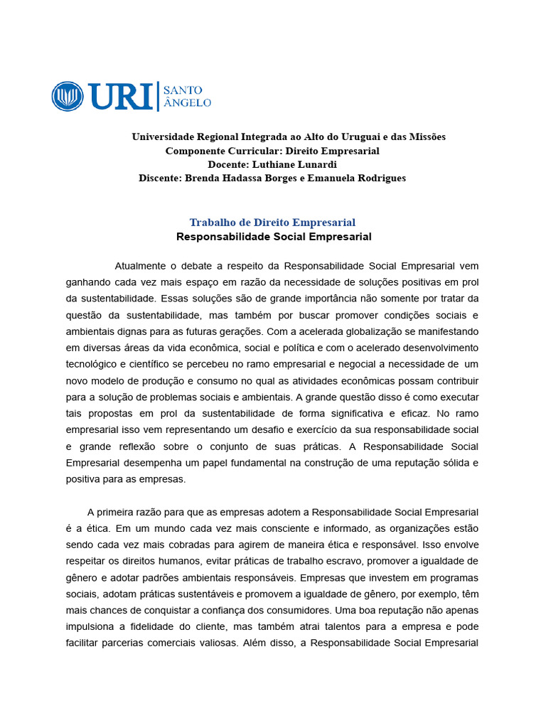 TDE 01 - Direito Empresarial | PDF | Sustentabilidade | Sociologia