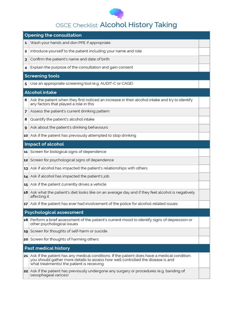 OSCE Checklist Alcohol History Taking | PDF | Substance Dependence ... OSCE Checklist Alcohol History Taking | PDF | Substance Dependence ...