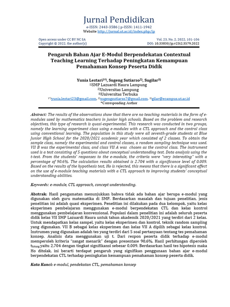 03+JP+23 (2) +2022+Yunia,+Pengaruh+Bahan+Ajar+E-modul ,++101-106 | PDF | Science | Evaluation ...