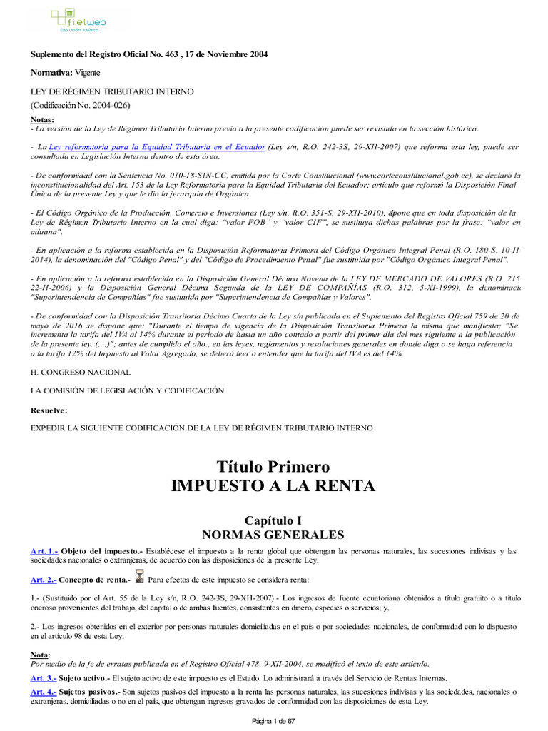 LEY DE RÉGIMEN TRIBUTARIO INTERNO LRTI- ECUADOR | PDF | Impuestos | Impuesto sobre la renta