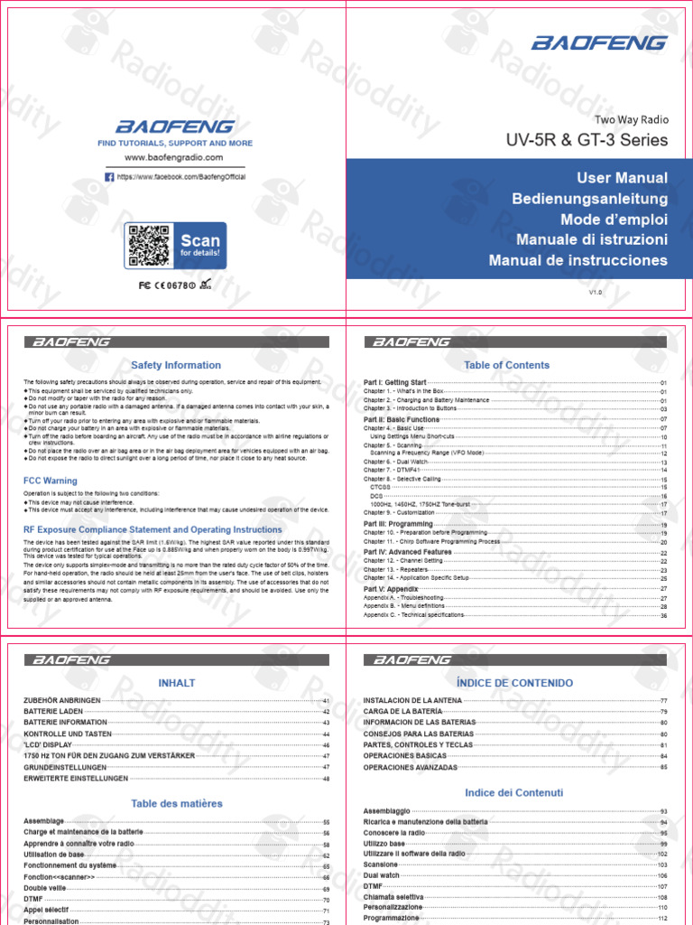 Baofeng UV5R & GT-3 Series User Manual (EN DE IT FR ES) | PDF | Battery ...