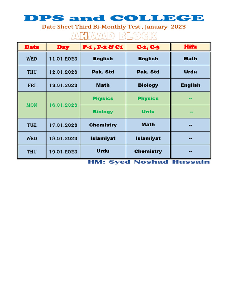 Date Sheet 3rd Bi Monthly January. 2023 | PDF