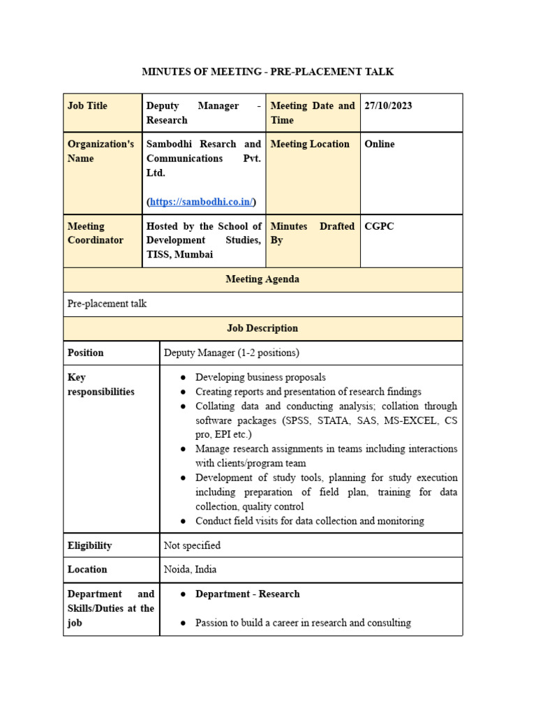MoM-Pre Placement Talk - Sambodhi | PDF | Computing | Business